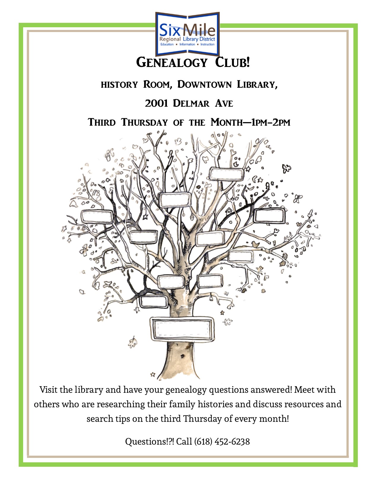 Genealogy Club Generic Flyer « Six Mile Regional Library District